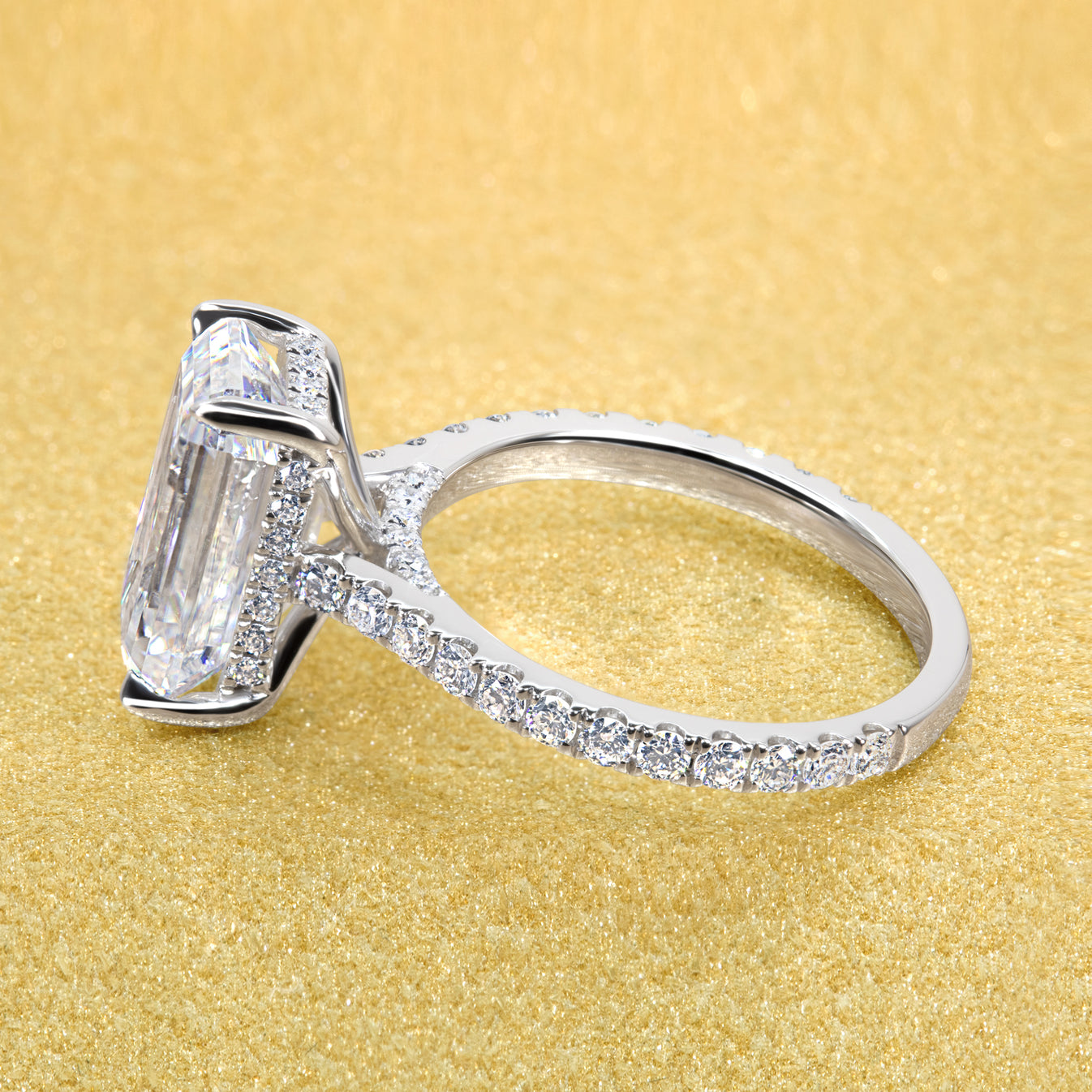 Elongated Radiant-cut Hidden Halo Engagement Ring | Earthena Jewelry