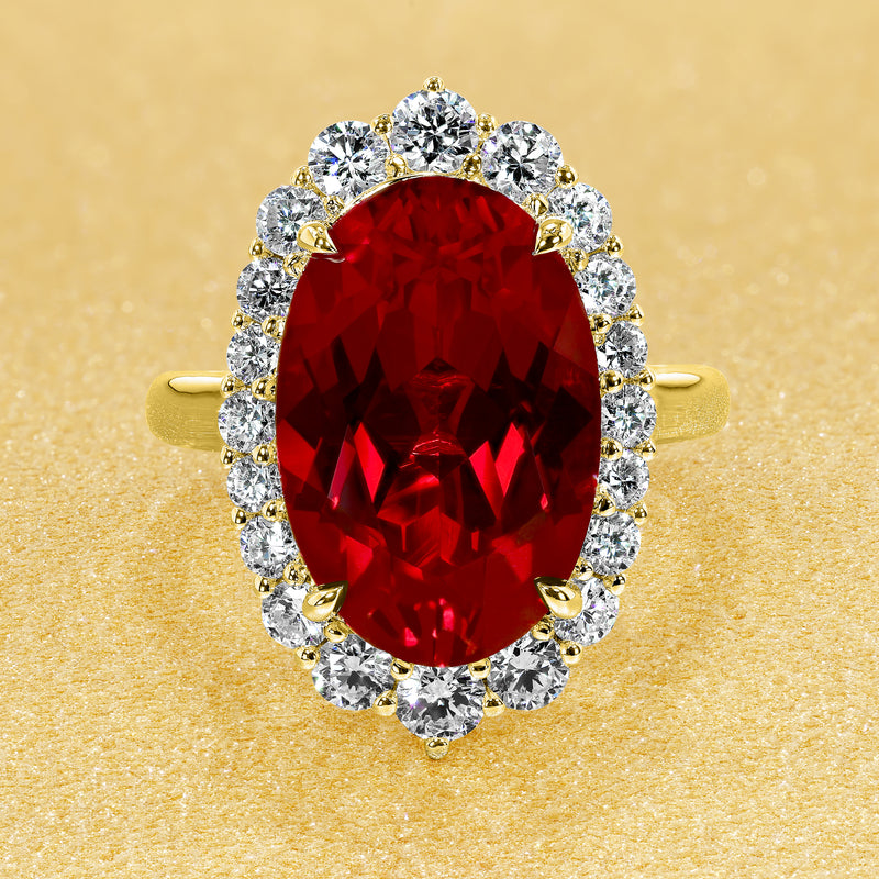 Gloria 8ct Oval Ruby Halo Cathedral Engagement Ring | Earthena Jewelry